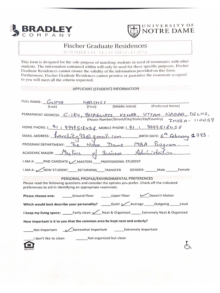 Fischer Residency Roommate Matching Form | PDF