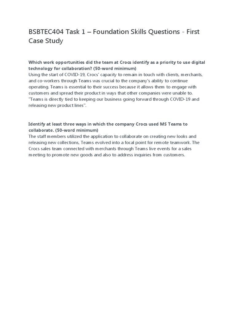 BSBTEC404 Task 1 - Foundation Skills Questions - First Case Study | PDF
