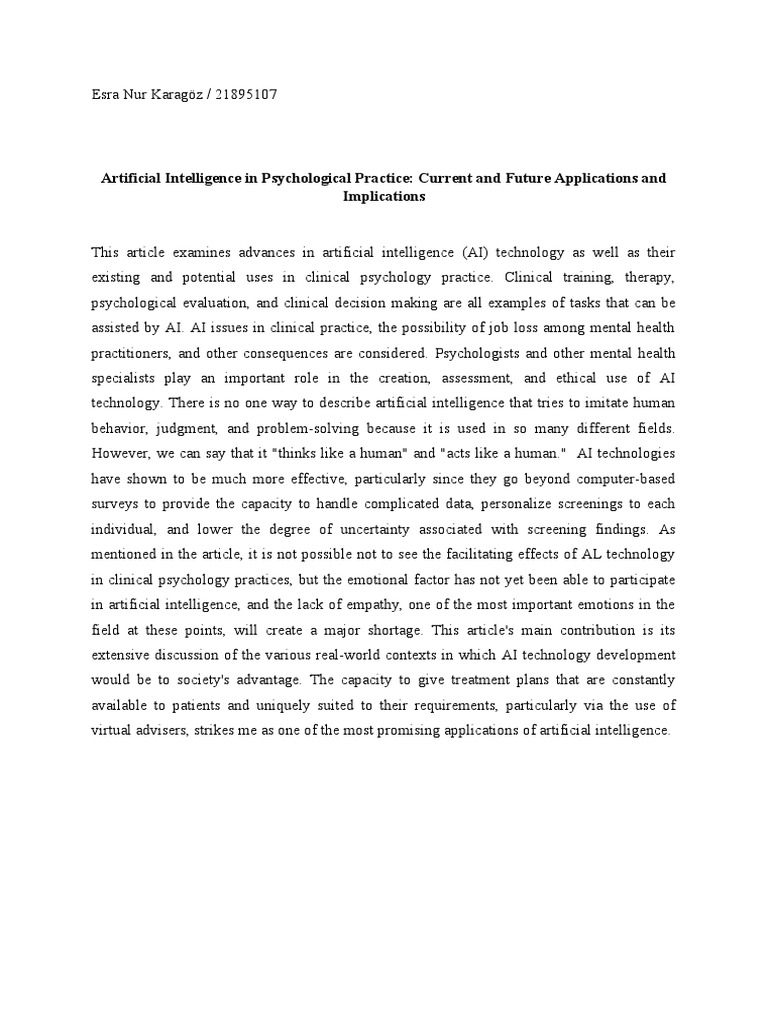 Artificial Intelligence in Psychological Practice: Current and Future Applications and ...