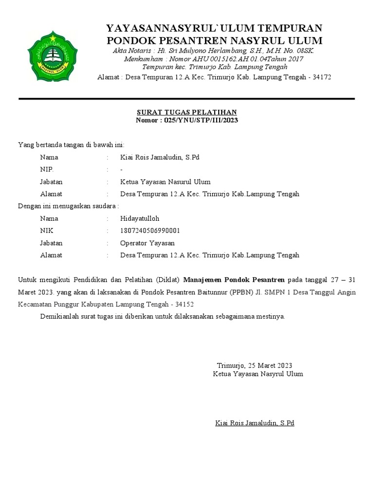 SURAT TUGAS Pelatihan | PDF