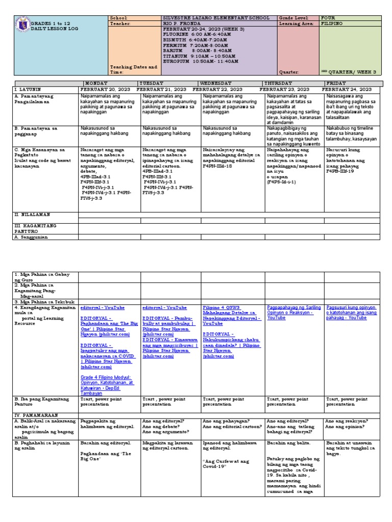 DLL - Filipino 4 - Q3 - W3 | PDF