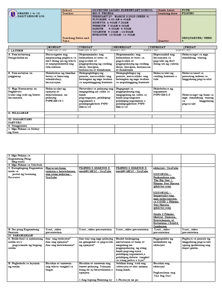 DLL - Filipino 4 - Q3 - W4 | PDF