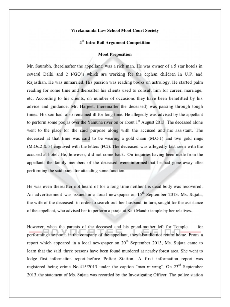 Moot Preposition 4th Intra Bail Argument Session 26th August 2016 Pdf