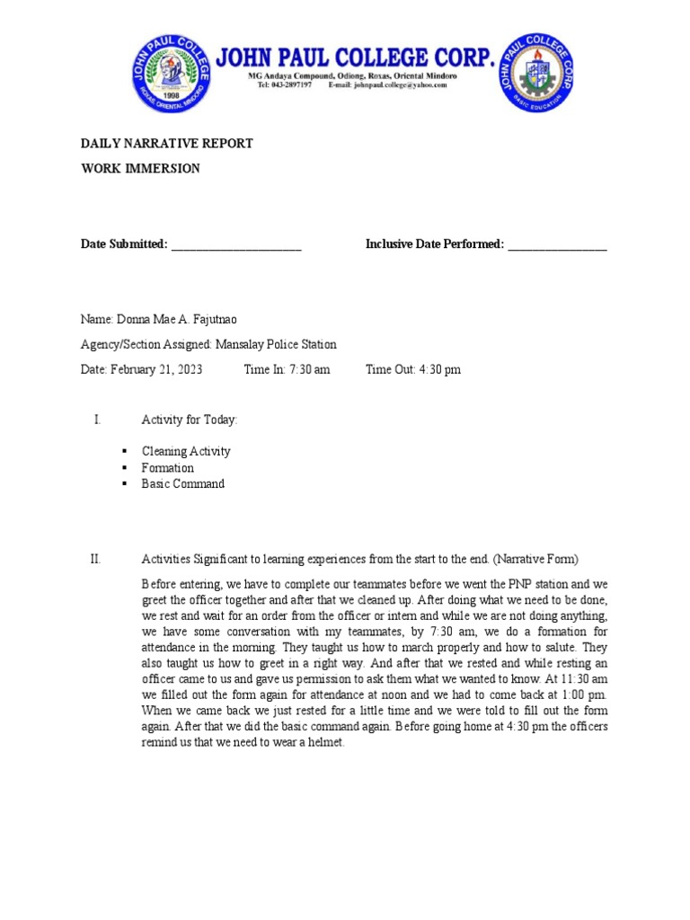Daily Narrative Report Work Immersion | PDF | Career & Growth | Self ...