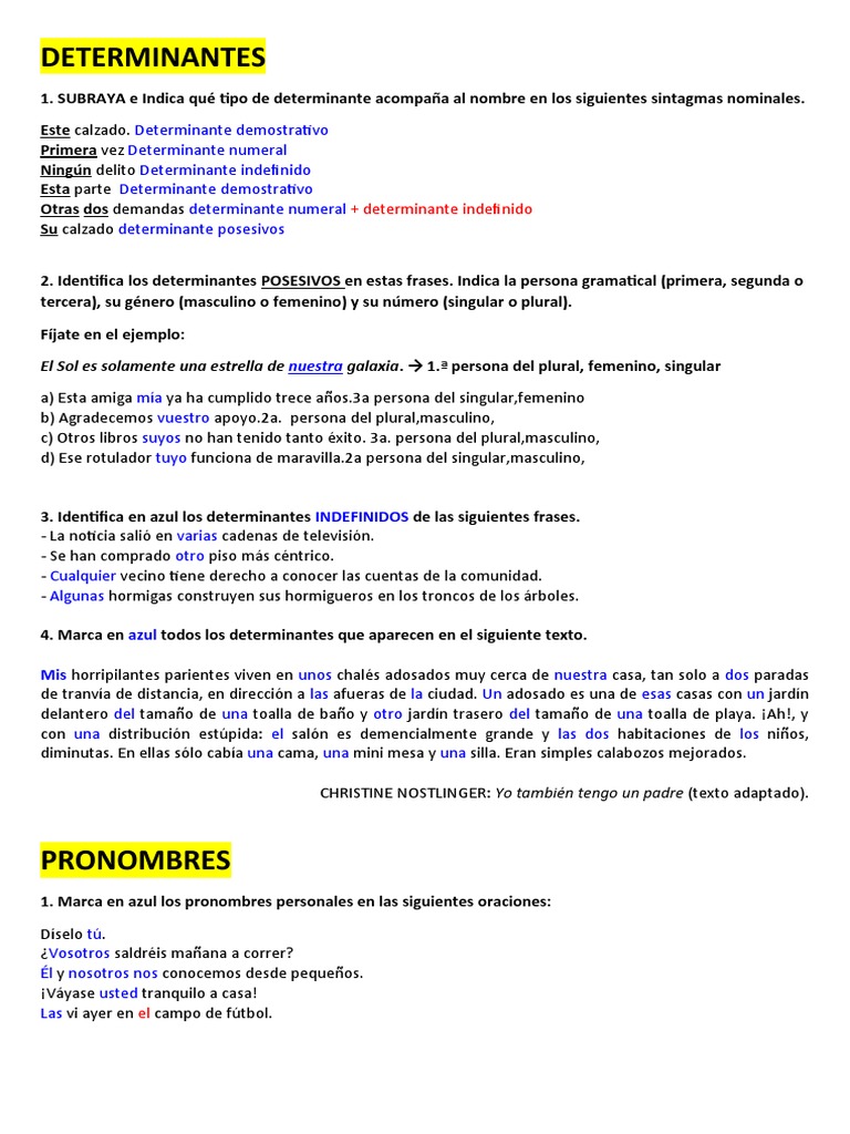 Còpia de Actividades DETERMINANTES Y PRONOMBRES | PDF | Tipología ...