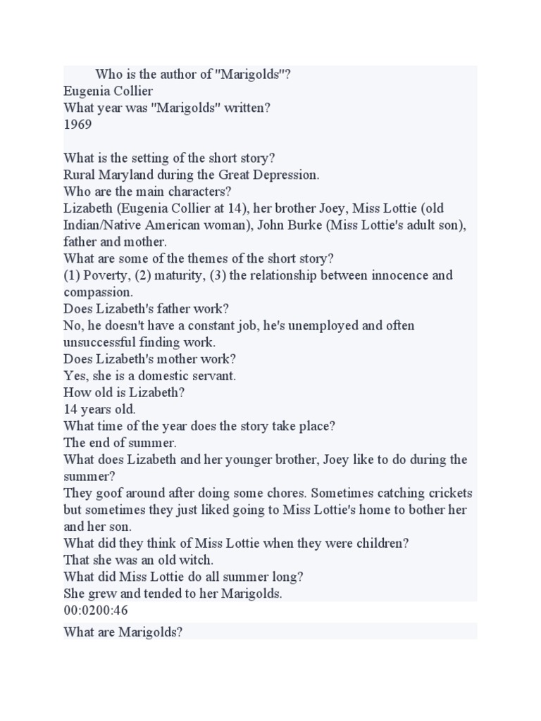 By Eugenia Collier Marigolds Answers