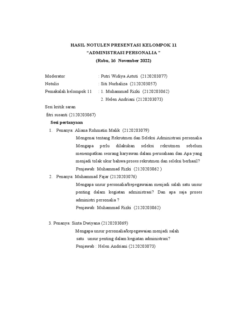 Hasil Notulen Presentasi Kelompok 11 "Administrasi Personalia " (Rabu, 16 November 2022) | PDF ...
