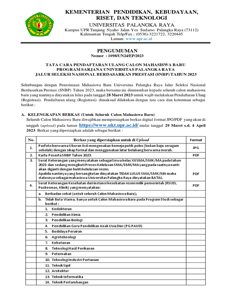 Pengumuman Tata Cara Pendaftaran Ulang CAMABA UPR JALUR SNBP Tahun 2023 | PDF