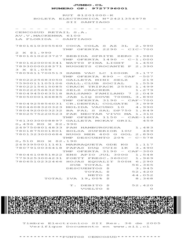 Boleta electrónica Jumbo con detalles de compra | PDF