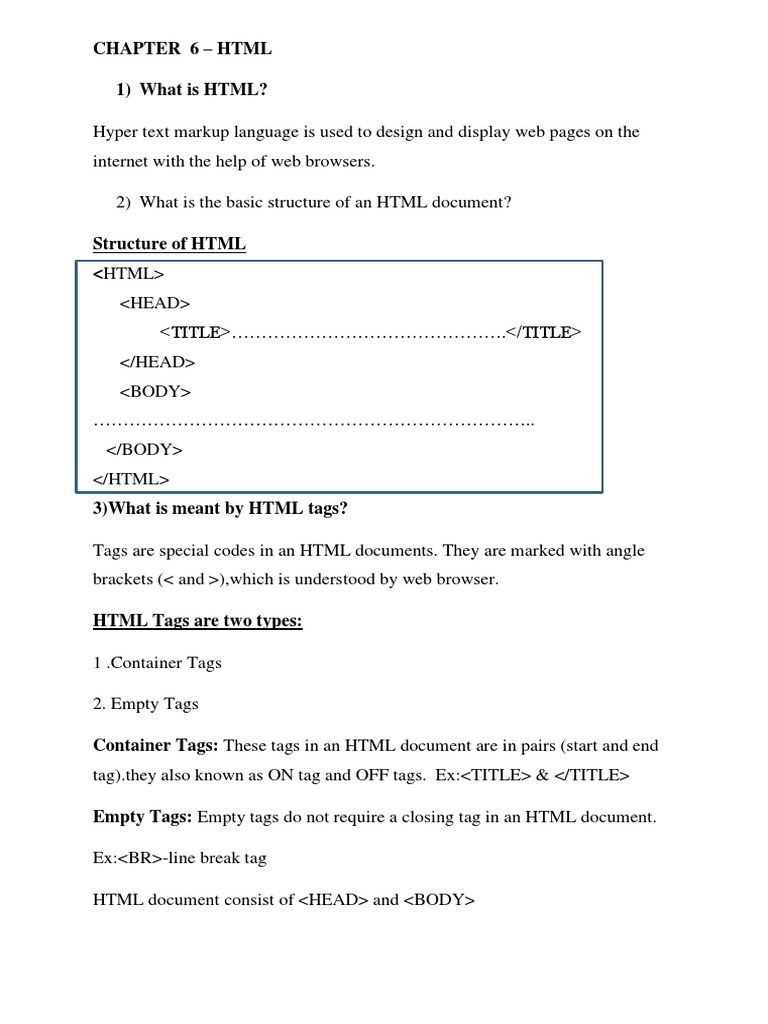 Class 6 HTMLnotes | PDF | Html Element | Html