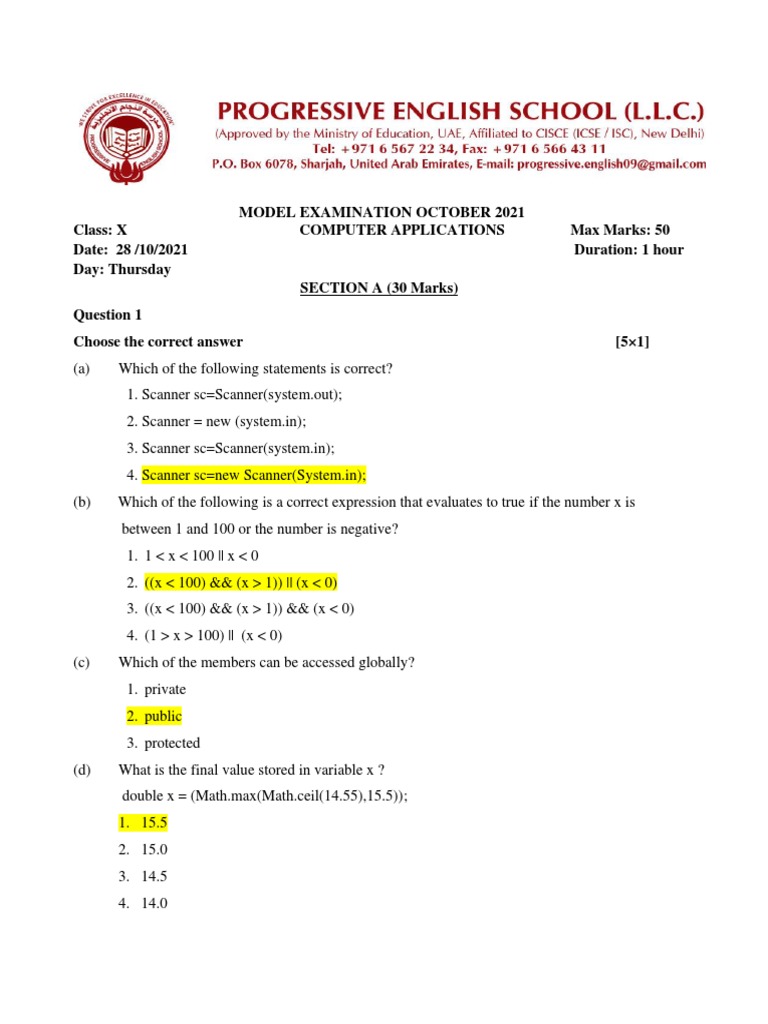 Computer Class 10 Model Exam Oct 2021 Pdf Constructor Object Oriented Programming 