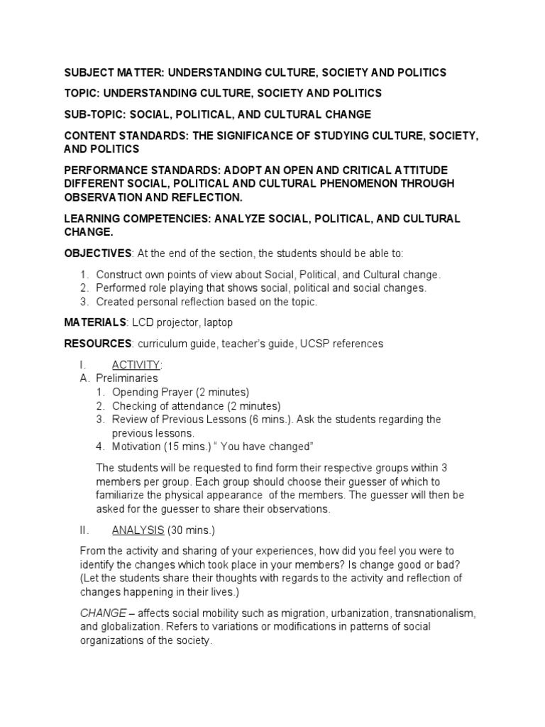 Lesson Plan (Ucsp) | PDF | Curriculum | Cognition