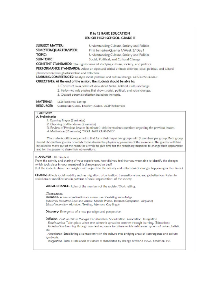 Lesson Plan (Ucsp) 1 | PDF