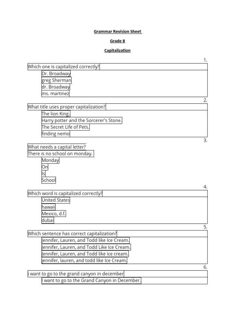 Grammar Revision Sheet Capitalization | PDF