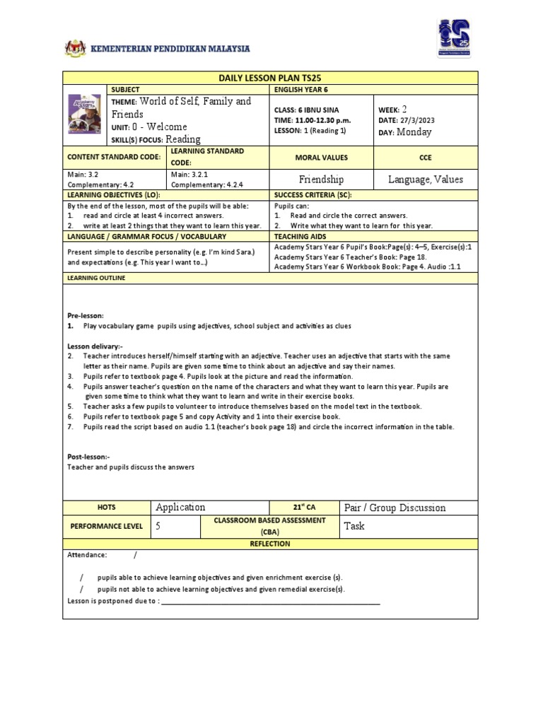 BI Y6 LP TS25 (Unit 0 - Welcome - ) | PDF | Lesson Plan | Teachers