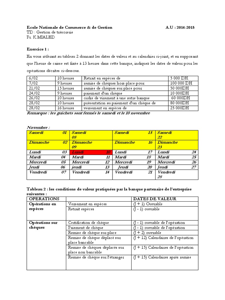 Exercice Trésorerie en Date de Valeur | PDF | Chèque | Virement bancaire