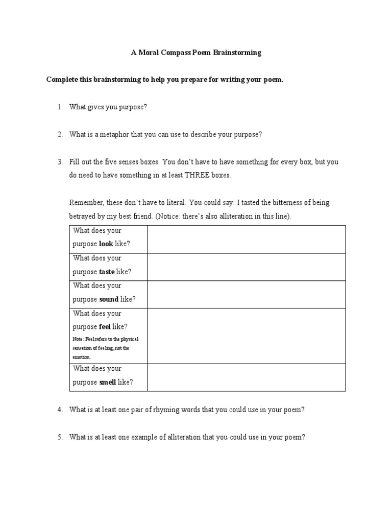 A Moral Compass Poem Brainstorming | PDF