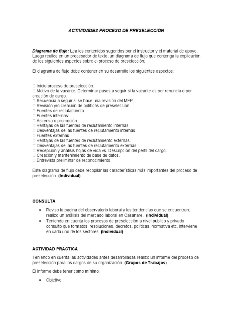Actividades Proceso de Preselección | PDF