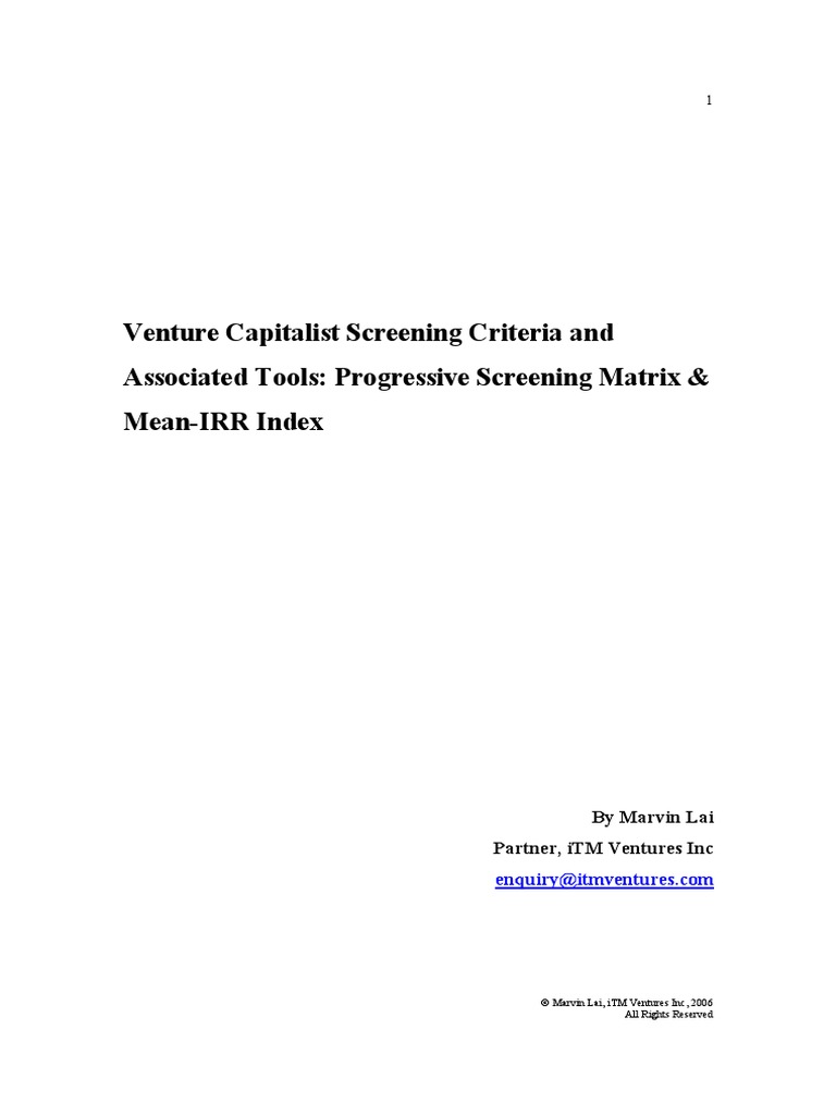 Venture Capitalist Screening Criteria and Associated Tools: Progressive ...