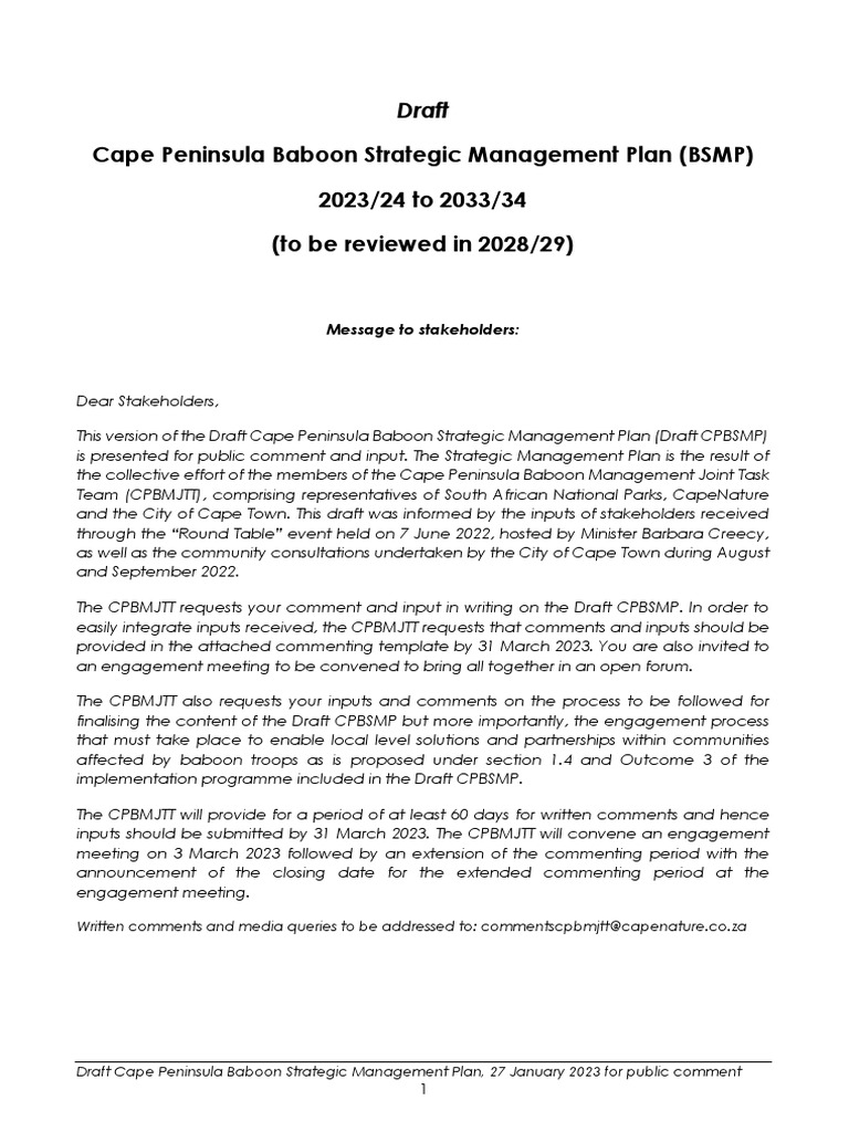 CPBMJTT Baboon Strategic Management Plan 26 January 2023 Draft For ...