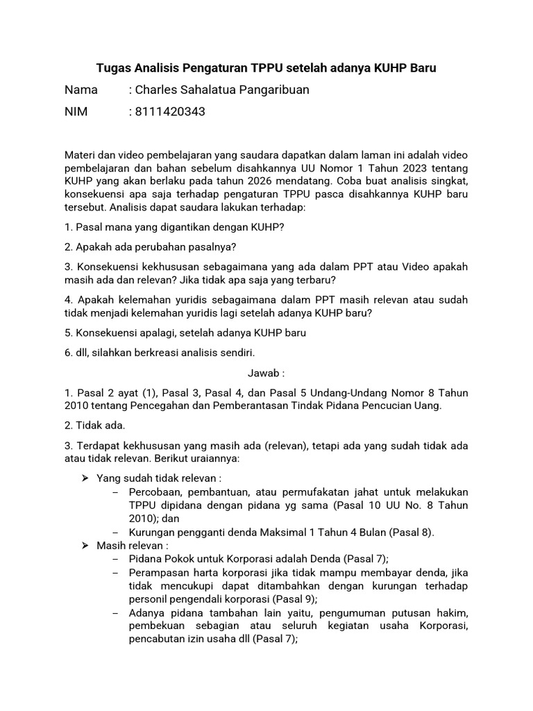 Analisis TPPU Pasca KUHP Baru 2023 | PDF
