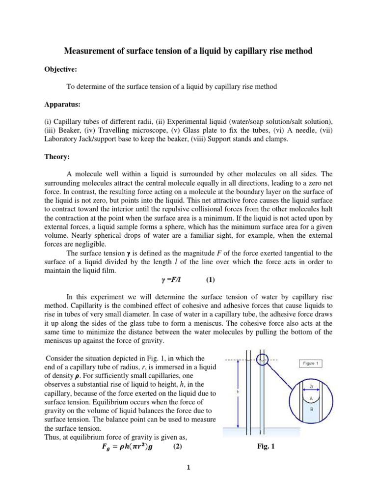 Measurement of Surface Tension of A Liquid by Capillary Rise Method ...