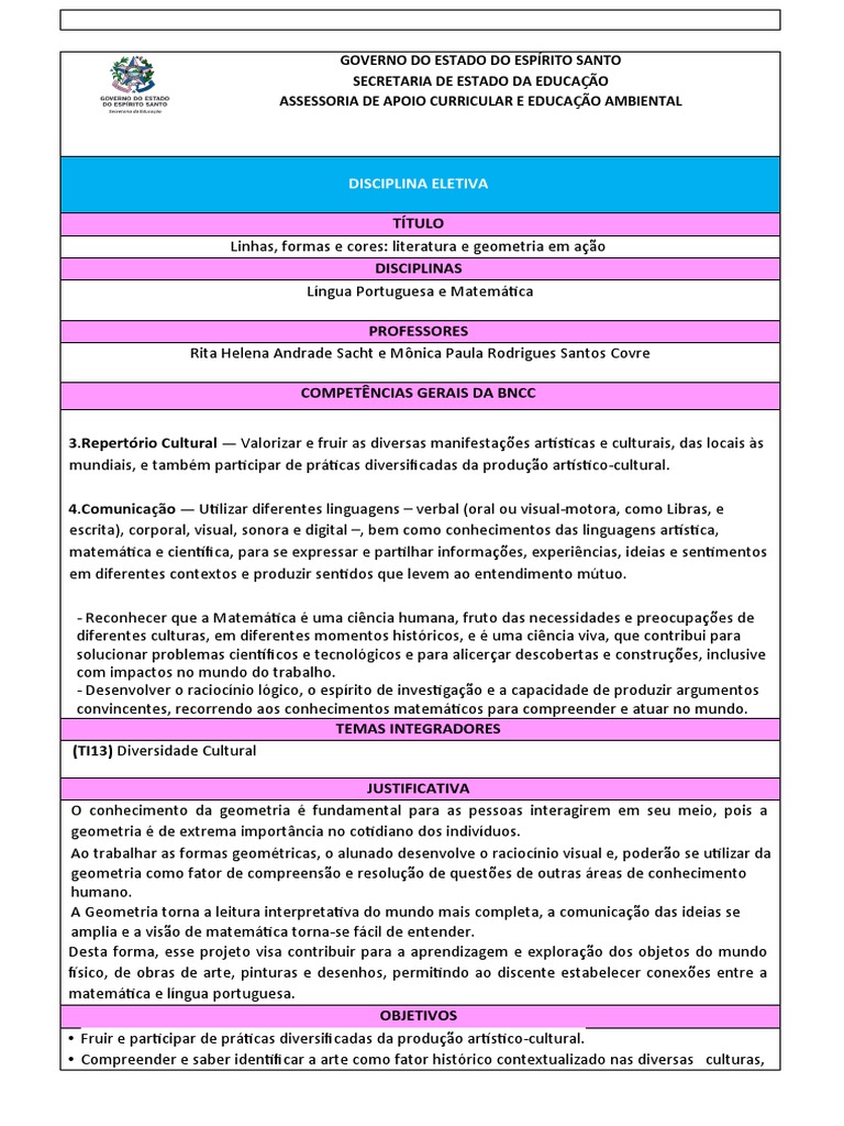 Ementa Eletiva - Mônica e Rita1 | PDF | Geometria | Matemática