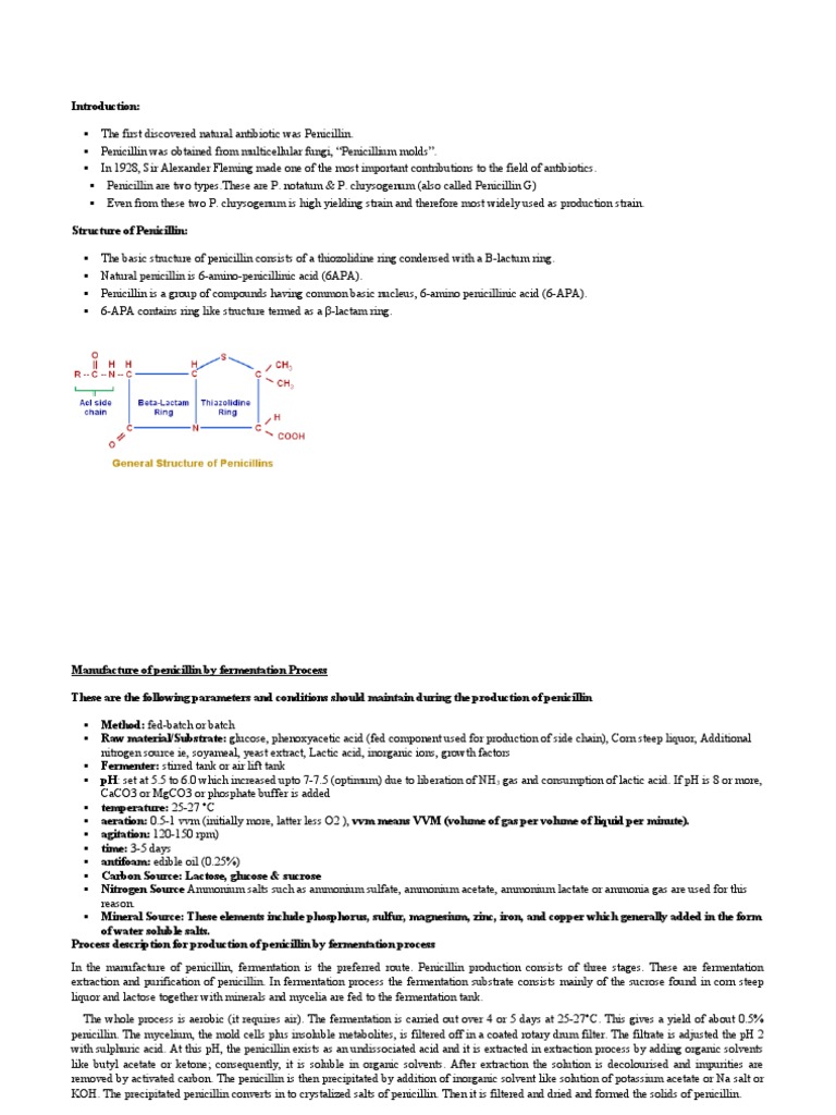 Manufacture of Penicillin by Fermentation | PDF | Penicillin | Acid