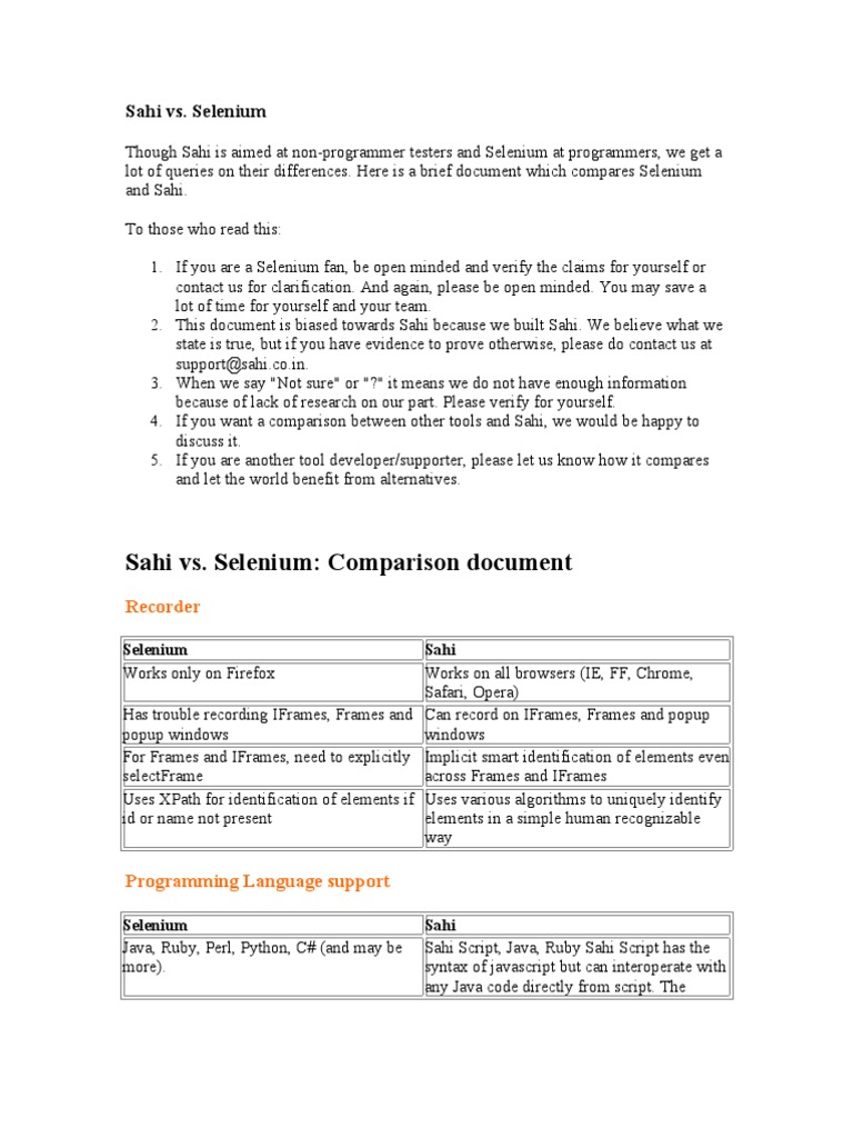 Sahi vs. Selenium | PDF | Selenium (Software) | Software