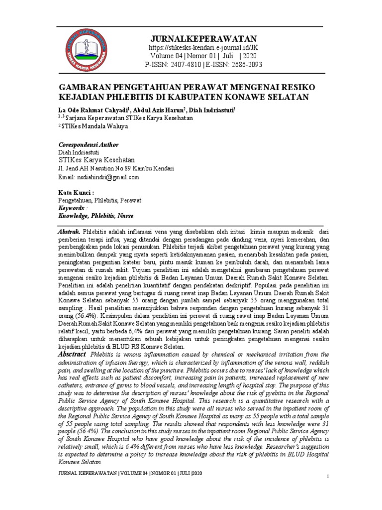 Gambaran Pengetahuan Perawat Mengenai Resiko Kejadian Phlebitis Di Kabupaten Konawe Selatan ...