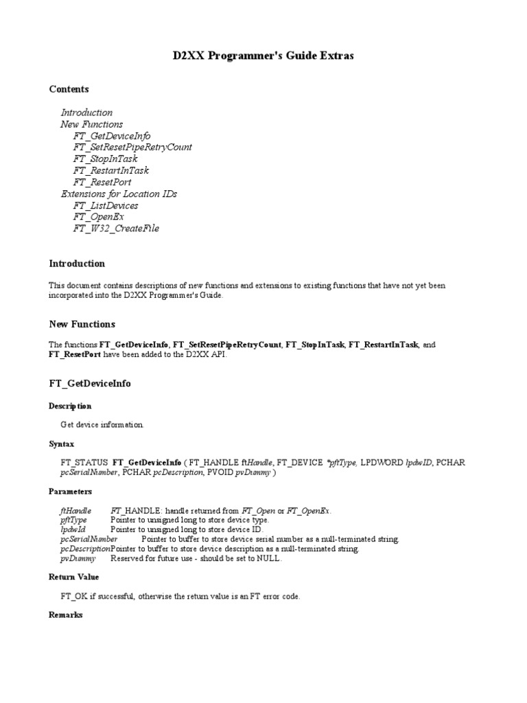 D2XX Programmer's Guide Extras | PDF | Pointer (Computer Programming) | String (Computer Science)