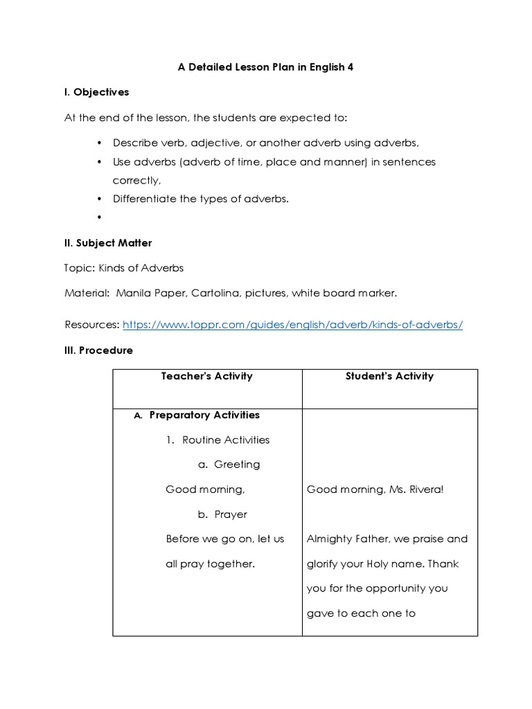 Detailed Lesson Plan (English) | PDF | Adverb | Adjective