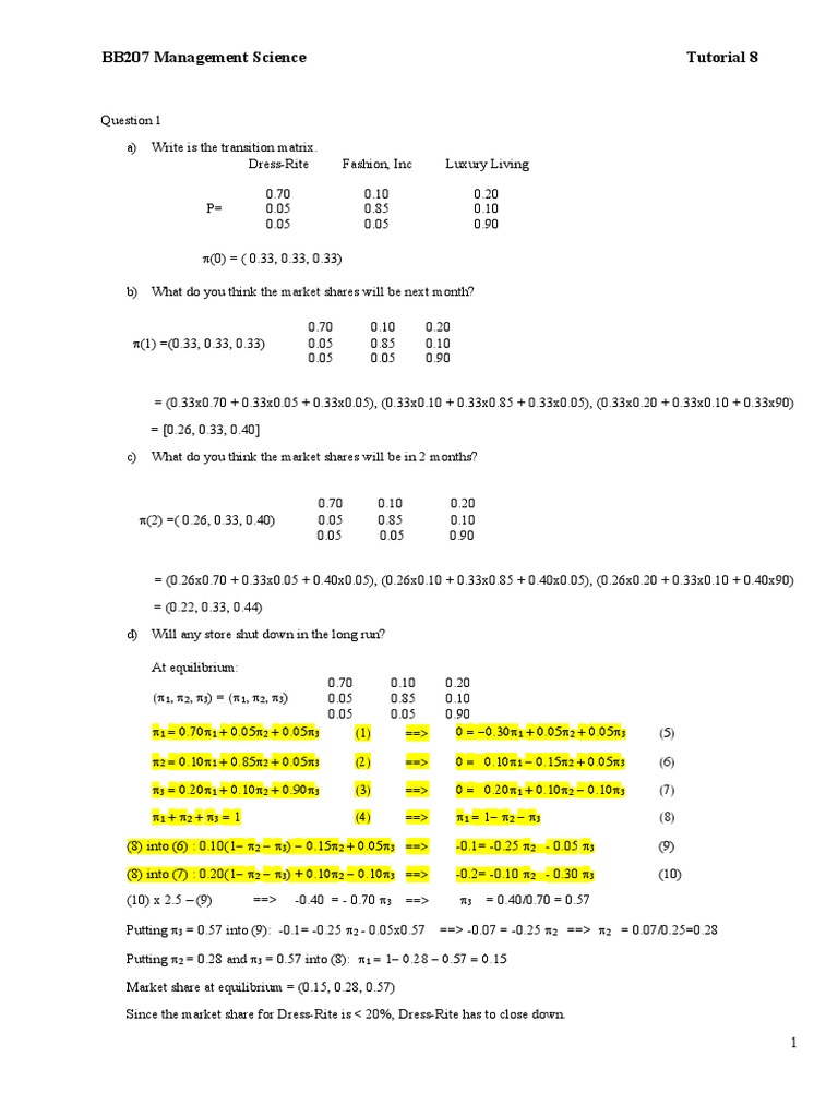 Tutorial 8 Markov Analysis Solution | PDF