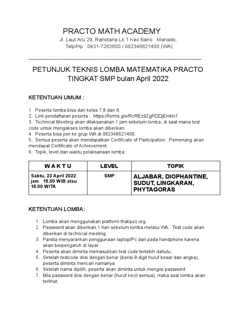 PETUNJUK TEKNIS LOMBA MATEMATIKA PRACTO TINGKAT SMP | PDF