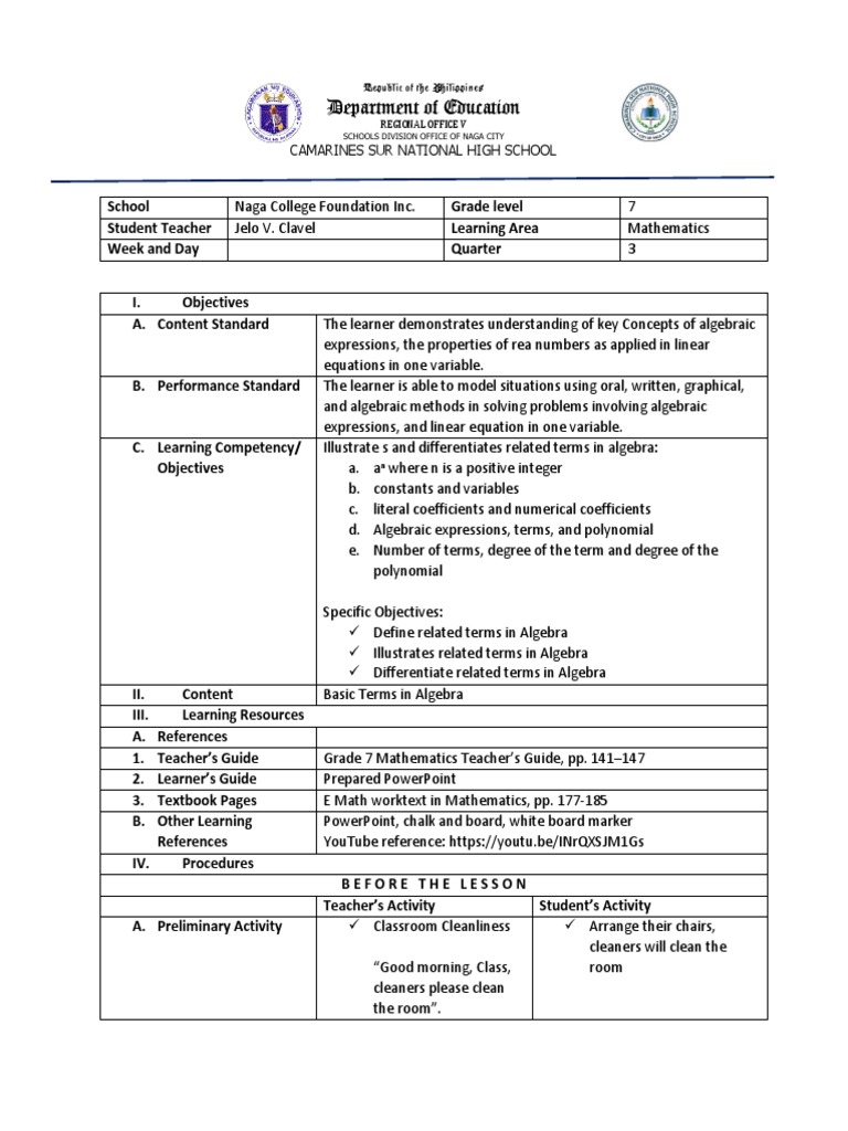 Grade 7 Algebraic Expressions Lesson Plan | PDF | Variable (Mathematics ...