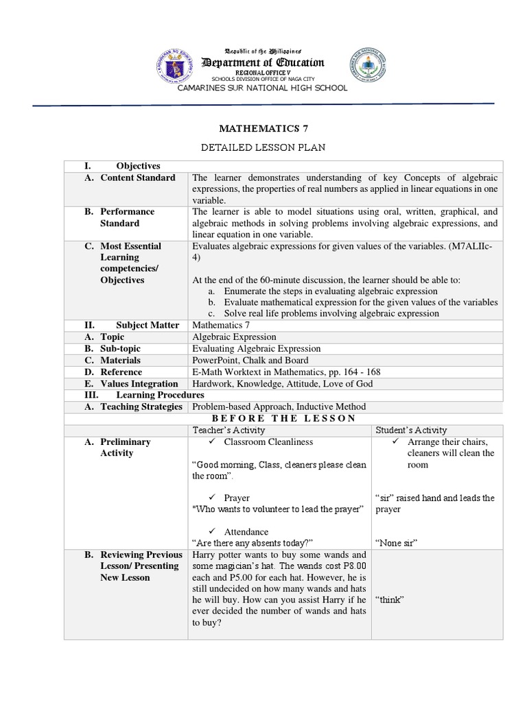 Evaluating Algebraic Expressions Lesson Plan | PDF | Mathematics | Numbers