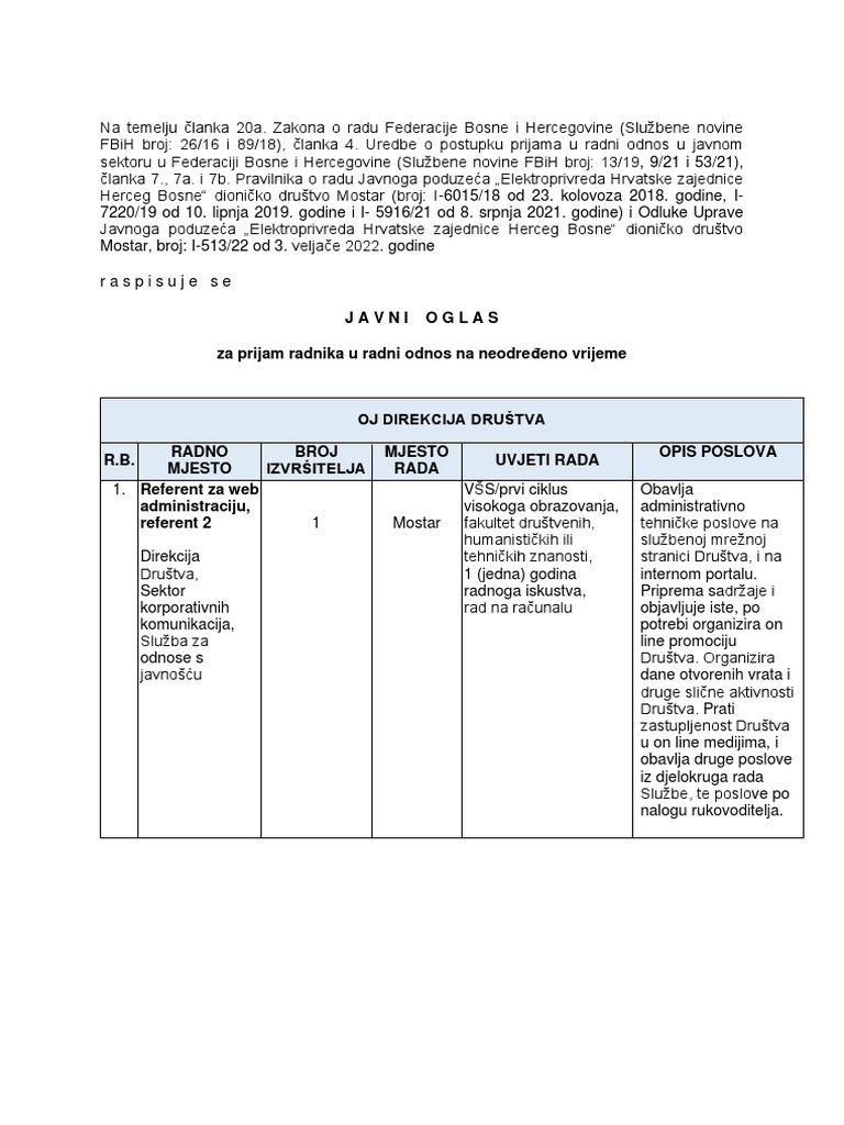 Oglas Za Prijam Radnika Veljača 2022 | PDF