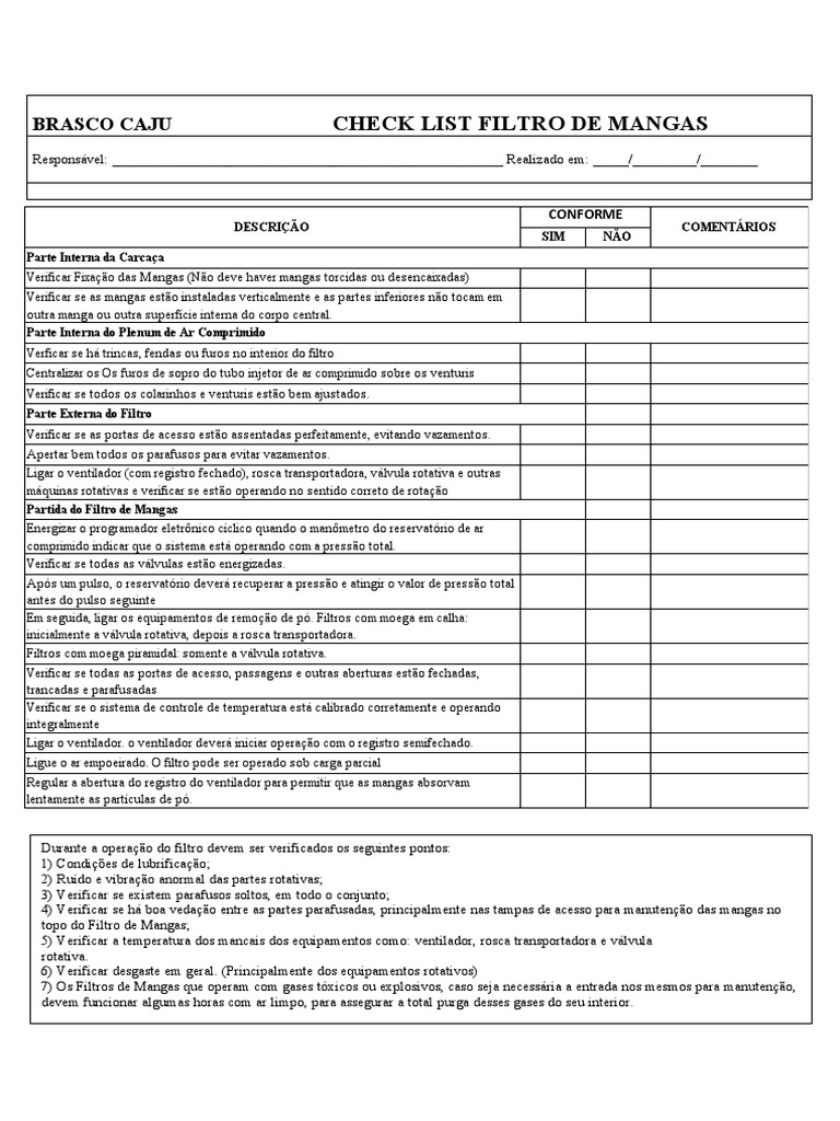 Check List Filtro Manga | PDF | Pressão | Parafuso