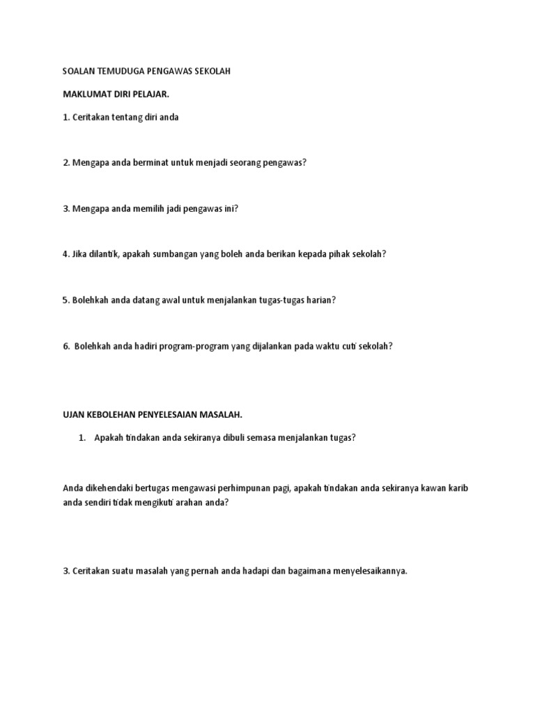 Soalan Temuduga Pengawas Sekolah | PDF
