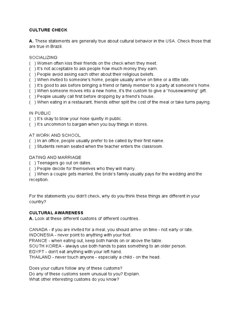 CULTURE CHECK - Exercises | PDF CULTURE CHECK - Exercises | PDF