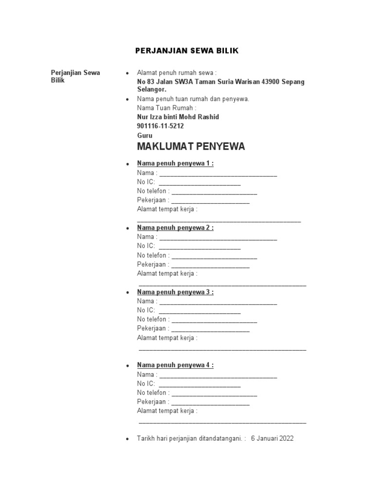 Perjanjian Sewa Bilik | PDF