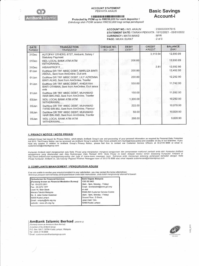 Account Activity and Statement for Basic Savings Account of Encik ...