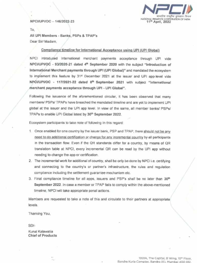 UPI OC 146 Compliance Timeline For International Acceptance Using UPI ...