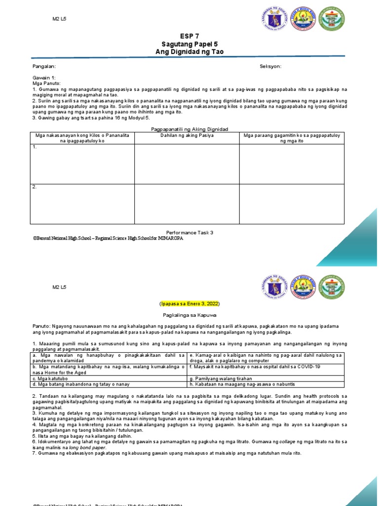 Esp 7 Sagutang Papel 5 Ang Dignidad NG Tao: Pangalan: Seksyon: Gawain 1 | PDF