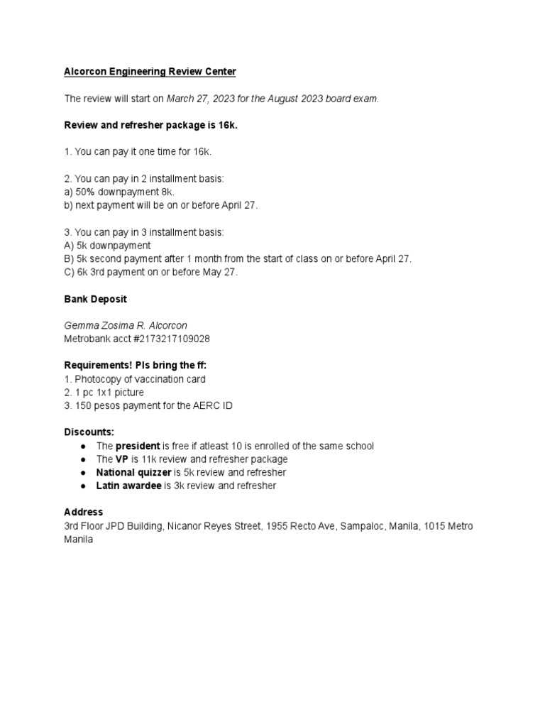 Review Center Details | PDF