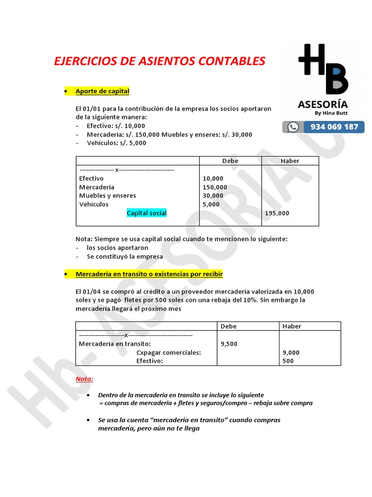 Ejercicios de Asientos Contables | PDF | Compartir (Finanzas) | Crédito