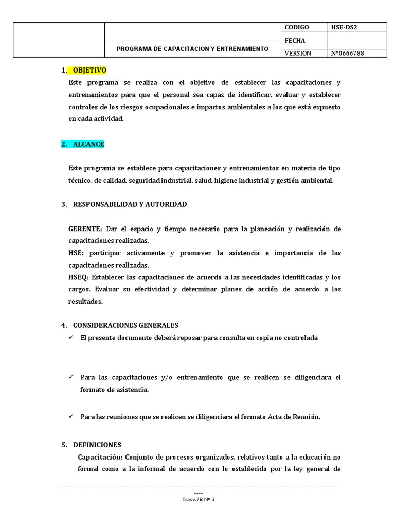 Programa de Capacitacion y Entrenamiento | PDF | Creación de capacidad | Higiene Ocupacional