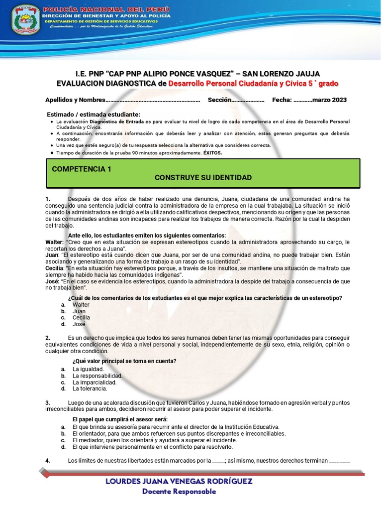 DPCC 5to EVALUACION DIAGNOSTICA 2023 | Descargar gratis PDF | Discriminación | Democracia