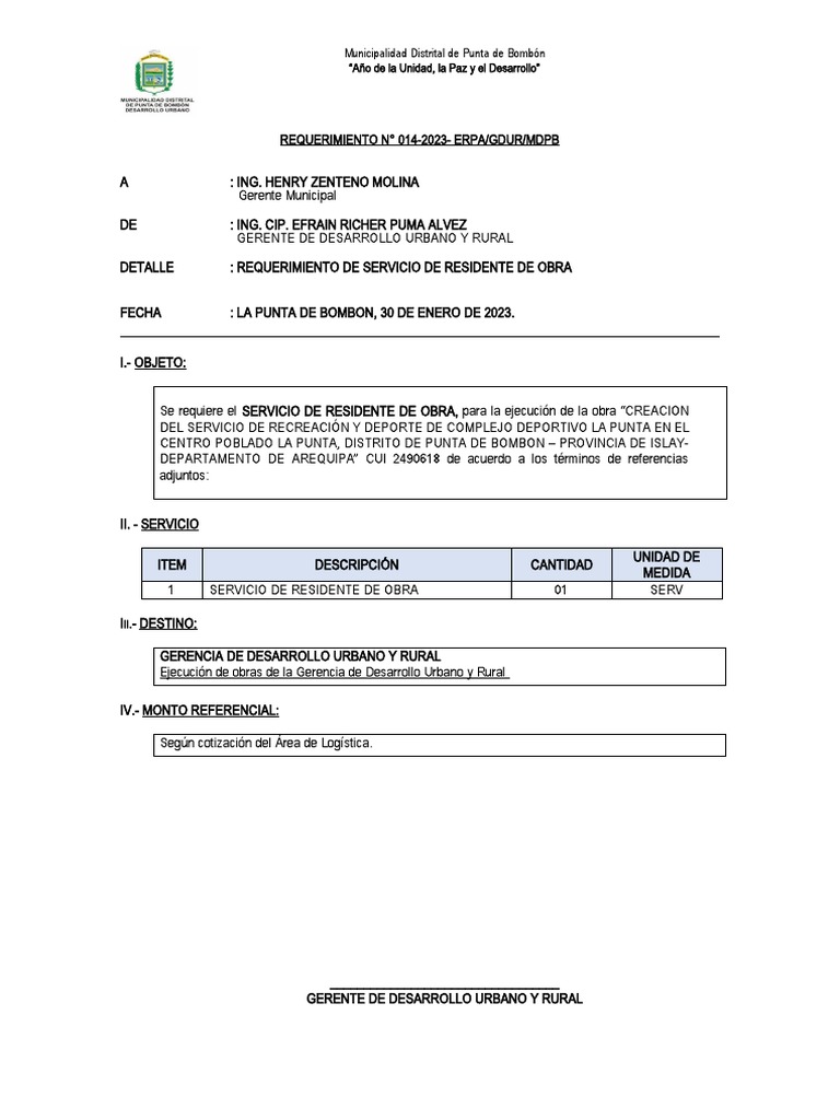 014 Requerimiento Residente de Obra | PDF | Presupuesto
