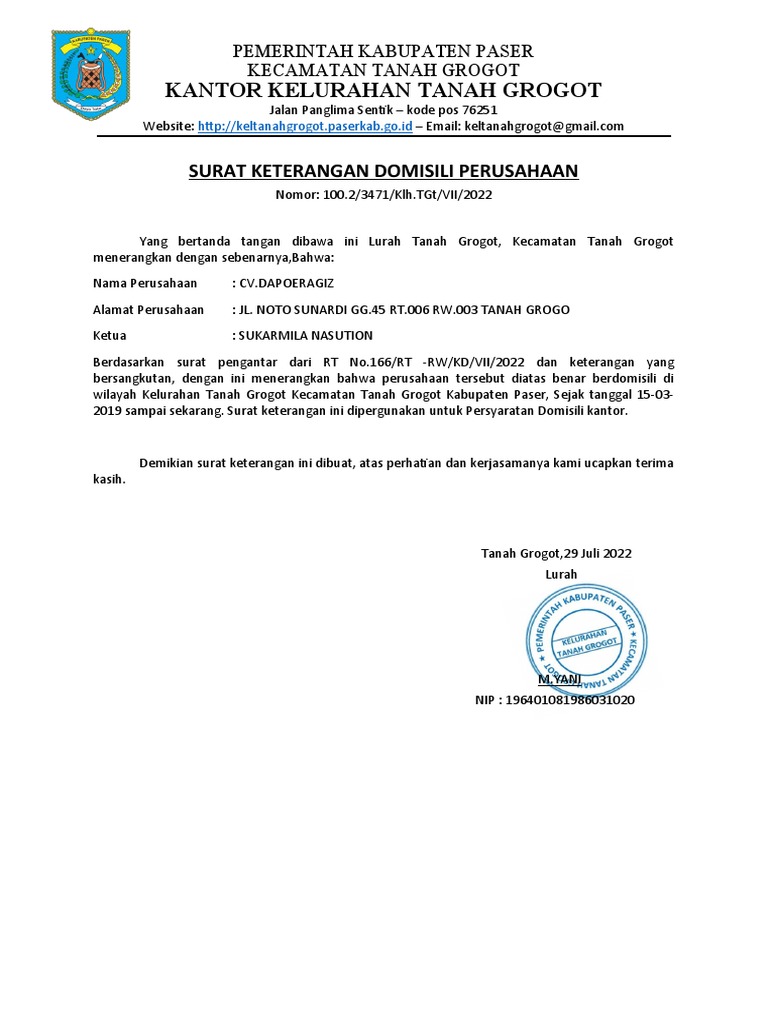 Surat Domisili CV. Dapoeragiz | PDF